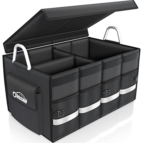 Oasser Trunk Organizer Cargo Organizer Trunk Storage Waterproof Collapsible Durable Multi Compartments with Foldable Cover Aluminium Alloy Handle Reflective Strip