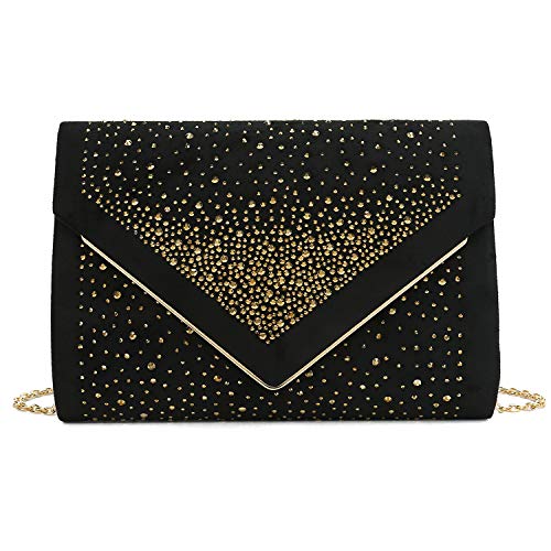 CHARMING TAILOR Envelope Purse Formal Faux Suede Clutch Rhinestone Evening Bag for Women Party Handbag (Black/gold)