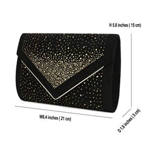 CHARMING TAILOR Envelope Purse Formal Faux Suede Clutch Rhinestone Evening Bag for Women Party Handbag (Black/gold)