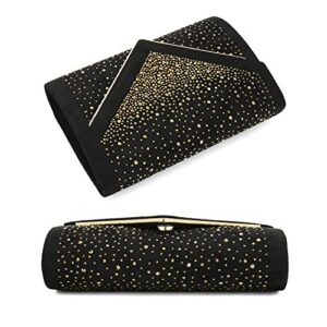 CHARMING TAILOR Envelope Purse Formal Faux Suede Clutch Rhinestone Evening Bag for Women Party Handbag (Black/gold)