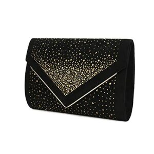 CHARMING TAILOR Envelope Purse Formal Faux Suede Clutch Rhinestone Evening Bag for Women Party Handbag (Black/gold)