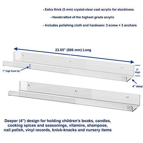 Unum Set of 2 Acrylic 24" Invisible Floating Shelves for Wall; Clear Hanging Wall Display Shelf Ledges/Ledge - Vinyl LP Record Display Shelves - 24" Long x 4" Deep (2-Pack)