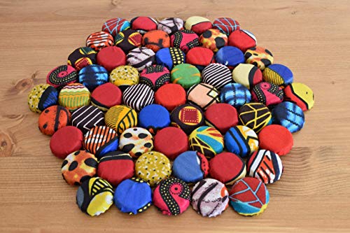 Handcrafted African Trivet made of recycled bottle caps wrap in kitenge material - Handmade in Rwanda - 10 Inches, Multicolored