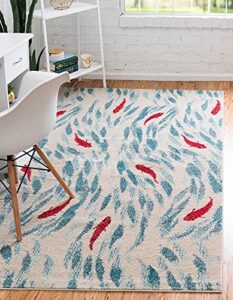 unique loom positano collection coastal modern bright colors fish beige area rug (5′ x 8′)