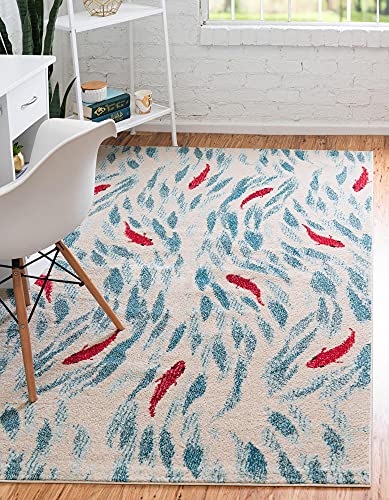 Unique Loom Positano Collection Coastal Modern Bright Colors Fish Beige Area Rug (5' x 8')