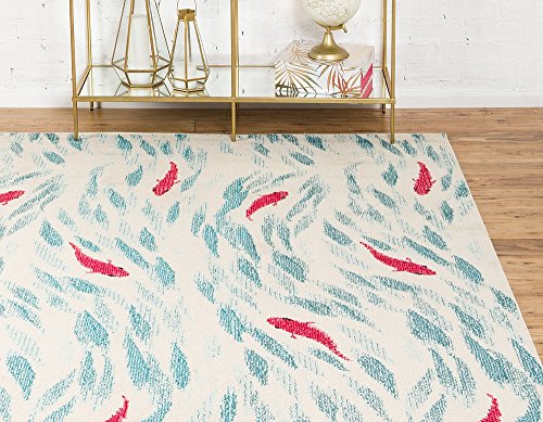 Unique Loom Positano Collection Coastal Modern Bright Colors Fish Beige Area Rug (5' x 8')