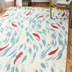 Unique Loom Positano Collection Coastal Modern Bright Colors Fish Beige Area Rug (5' x 8')