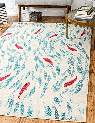 Unique Loom Positano Collection Coastal Modern Bright Colors Fish Beige Area Rug (5' x 8')