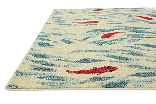 Unique Loom Positano Collection Coastal Modern Bright Colors Fish Beige Area Rug (5' x 8')