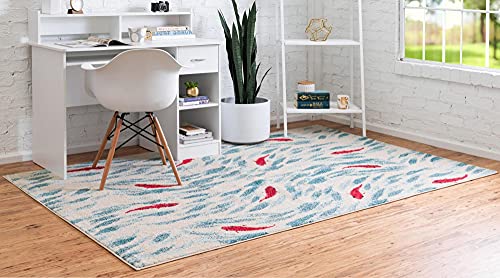 Unique Loom Positano Collection Coastal Modern Bright Colors Fish Beige Area Rug (5' x 8')