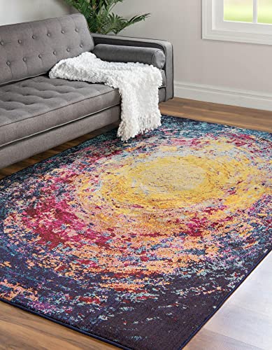 Unique Loom Estrella Collection Abstract, Gradient, Modern, Sunburst, Distressed Area Rug, 6 x 9 ft, Multi/Navy Blue