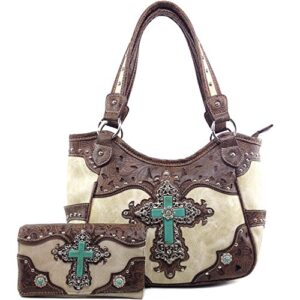 justin west tooled leather laser cut turquoise rhinestone cross concho studded shoulder tote handbag purse (cream purse and wallet)