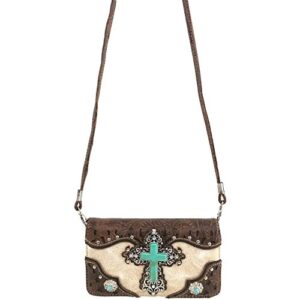 Justin West Tooled Leather Laser Cut Turquoise Rhinestone Cross Concho Studded Shoulder Tote Handbag Purse (Cream Purse and Wallet)