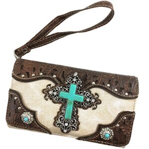 Justin West Tooled Leather Laser Cut Turquoise Rhinestone Cross Concho Studded Shoulder Tote Handbag Purse (Cream Purse and Wallet)