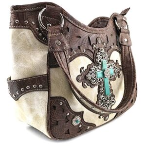 Justin West Tooled Leather Laser Cut Turquoise Rhinestone Cross Concho Studded Shoulder Tote Handbag Purse (Cream Purse and Wallet)