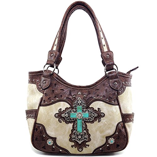 Justin West Tooled Leather Laser Cut Turquoise Rhinestone Cross Concho Studded Shoulder Tote Handbag Purse (Cream Purse and Wallet)