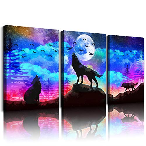 Canvas Wall Art For Living Room Bathroom Wall Decor For Bedroom Kitchen Artwork Canvas Art Prints 3 Pieces Modern Framed Office Home Decorations Blue Starry Sky Landscape Paintings Wolf Hang Pictures