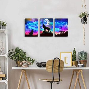 Canvas Wall Art For Living Room Bathroom Wall Decor For Bedroom Kitchen Artwork Canvas Art Prints 3 Pieces Modern Framed Office Home Decorations Blue Starry Sky Landscape Paintings Wolf Hang Pictures