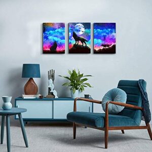 Canvas Wall Art For Living Room Bathroom Wall Decor For Bedroom Kitchen Artwork Canvas Art Prints 3 Pieces Modern Framed Office Home Decorations Blue Starry Sky Landscape Paintings Wolf Hang Pictures