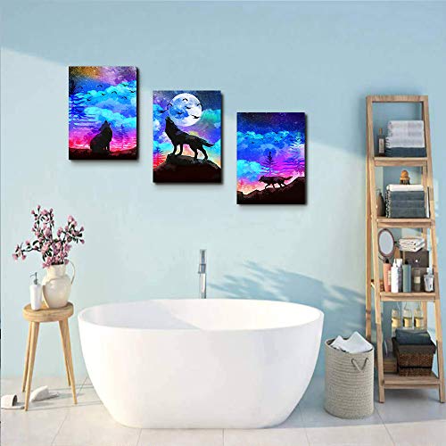 Canvas Wall Art For Living Room Bathroom Wall Decor For Bedroom Kitchen Artwork Canvas Art Prints 3 Pieces Modern Framed Office Home Decorations Blue Starry Sky Landscape Paintings Wolf Hang Pictures