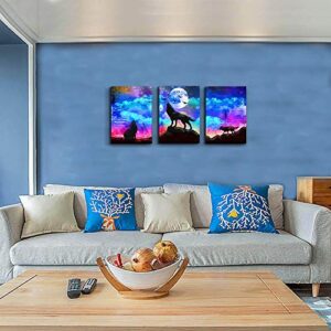 Canvas Wall Art For Living Room Bathroom Wall Decor For Bedroom Kitchen Artwork Canvas Art Prints 3 Pieces Modern Framed Office Home Decorations Blue Starry Sky Landscape Paintings Wolf Hang Pictures