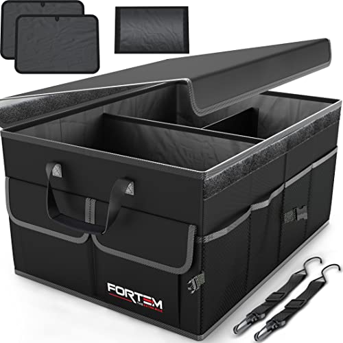 FORTEM Car Trunk Organizer, Car Storage Organizer, Collapsible Multi Compartment Car Organizer, SUV Trunk Organizer, Non Slip Bottom, Adjustable Securing Straps, Foldable Cover (Black, Standard Size)