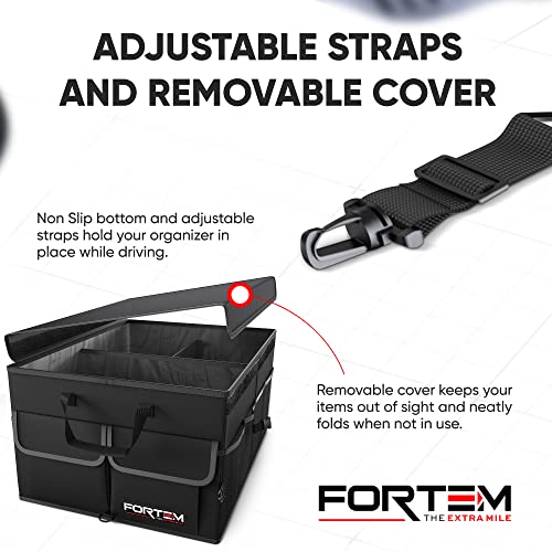 FORTEM Car Trunk Organizer, Car Storage Organizer, Collapsible Multi Compartment Car Organizer, SUV Trunk Organizer, Non Slip Bottom, Adjustable Securing Straps, Foldable Cover (Black, Standard Size)