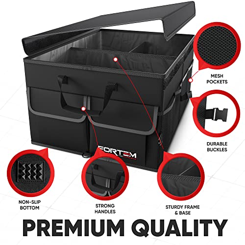 FORTEM Car Trunk Organizer, Car Storage Organizer, Collapsible Multi Compartment Car Organizer, SUV Trunk Organizer, Non Slip Bottom, Adjustable Securing Straps, Foldable Cover (Black, Standard Size)