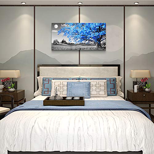 wall art for living room Simple Life Blue moon tree landscape Abstract painting office Wall Decor 20" x 40" single Pieces Canvas Prints Ready to Hang for Home Decoration Black and white Works of art