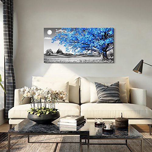 wall art for living room Simple Life Blue moon tree landscape Abstract painting office Wall Decor 20" x 40" single Pieces Canvas Prints Ready to Hang for Home Decoration Black and white Works of art