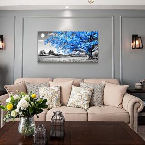 wall art for living room Simple Life Blue moon tree landscape Abstract painting office Wall Decor 20" x 40" single Pieces Canvas Prints Ready to Hang for Home Decoration Black and white Works of art