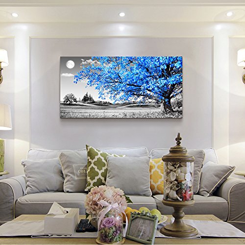 wall art for living room Simple Life Blue moon tree landscape Abstract painting office Wall Decor 20" x 40" single Pieces Canvas Prints Ready to Hang for Home Decoration Black and white Works of art