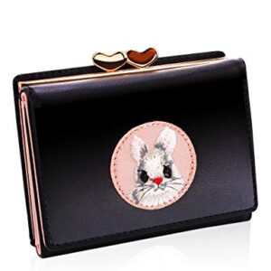 JIUFENG Women's Short Wallet Multi Purpose Purses Animal Embroidered Billfold Credit Card Holder Coin Pouches (Black)