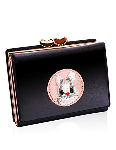 JIUFENG Women's Short Wallet Multi Purpose Purses Animal Embroidered Billfold Credit Card Holder Coin Pouches (Black)