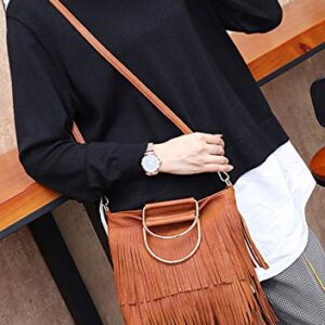 Ayliss Women Fringe Tassel Crossbody Bag Leather Shoulder Bag Hobo Handbag (Brown)