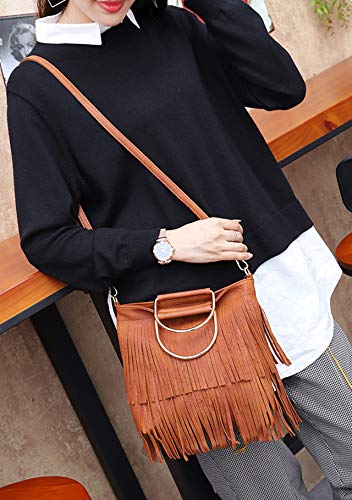 Ayliss Women Fringe Tassel Crossbody Bag Leather Shoulder Bag Hobo Handbag (Brown)