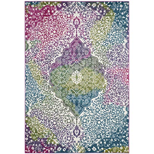 SAFAVIEH Watercolor Collection 5'3" x 7'6" Ivory / Fuchsia WTC672F Boho Chic Medallion Non-Shedding Living Room Bedroom Dining Home Office Area Rug