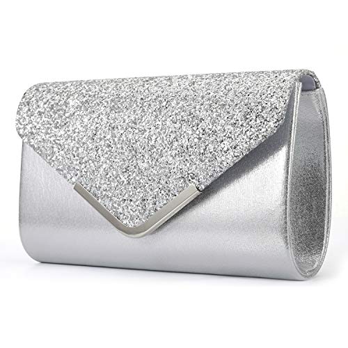 ZIUMUDY Women's Sparkle Evening Bags Envelope Clutches Shoulder Chain Handbag Bridal Wedding Purse (Silver)