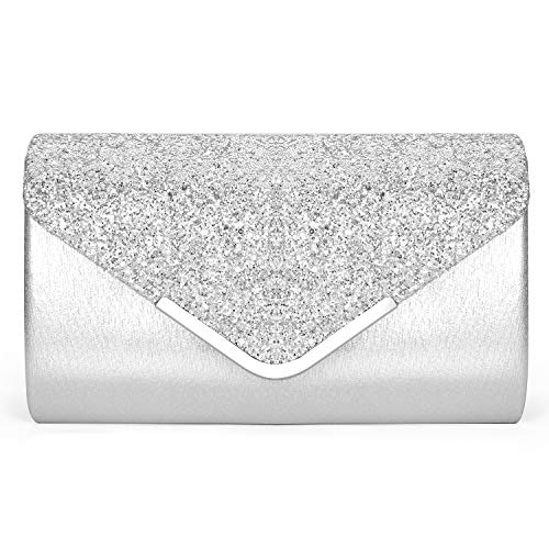 ZIUMUDY Women's Sparkle Evening Bags Envelope Clutches Shoulder Chain Handbag Bridal Wedding Purse (Silver)