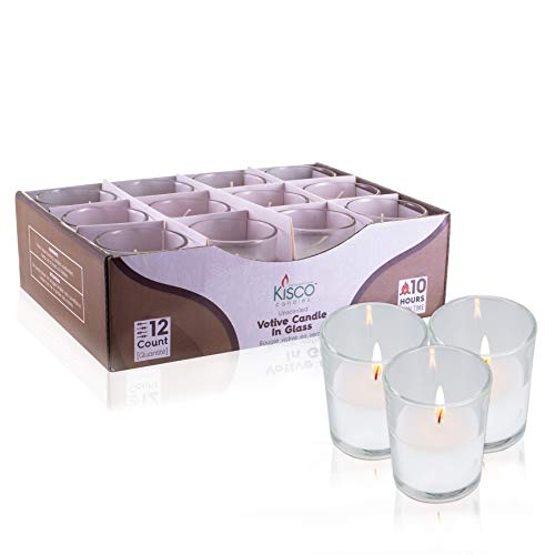 KISCO CANDLES: 10 Hour Votive Candles with Holders 12-Pack Clear Decorative Glass Home Decor, Beautiful Living Room, Kitchen, Bathroom Lighting | Long-Lasting Wax