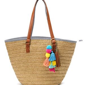 Epsion Straw Beach Bags Tote Tassels Bag Hobo Summer Handwoven Shoulder Bags Purse With Pom Poms