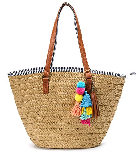 Epsion Straw Beach Bags Tote Tassels Bag Hobo Summer Handwoven Shoulder Bags Purse With Pom Poms