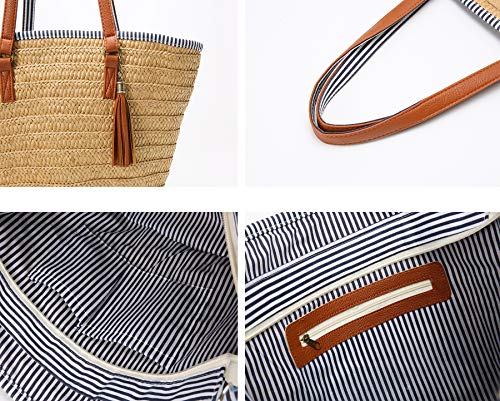 Epsion Straw Beach Bags Tote Tassels Bag Hobo Summer Handwoven Shoulder Bags Purse With Pom Poms