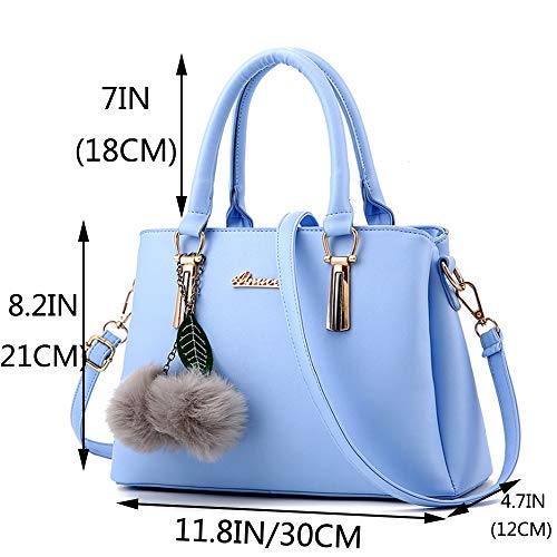 Rullar Women Ladies Multifunction Satchel Top-handle Shoulder Crossbod Bag with Plush Ornaments Tote Purse Handbag Sky Blue