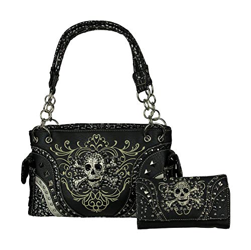 Rhinestone Skull Western Concealed Carry Handbag and wallet set (Black)