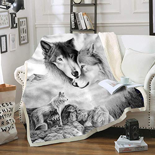 FYYFES Home Gray Wolf Comfort Warmth Soft Cozy Air Conditioning Machine Wash Black and White Rose Skull Sherpa Fleece Blanket (Throw 60"x80") (Gray Wolf), Queen