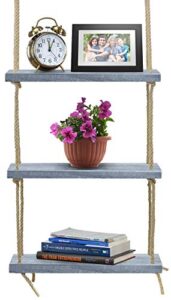 sorbus wood hanging shelf 3-tier rustic wood swing storage shelves rope organizer rack, floating display shelves (grey)