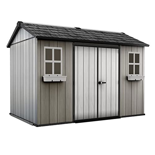 Keter Oakland 11’ X 7.5' Customizable Outdoor Resin Storage Shed - Perfect for Large Items and Durable Construction with Skylight and Victorian Style Windows