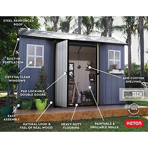 Keter Oakland 11’ X 7.5' Customizable Outdoor Resin Storage Shed - Perfect for Large Items and Durable Construction with Skylight and Victorian Style Windows