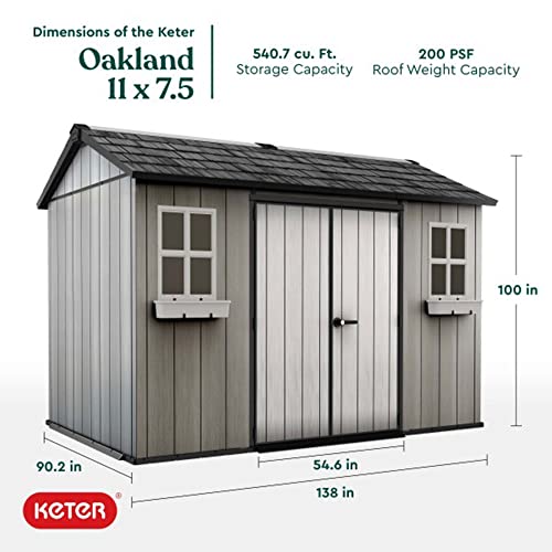 Keter Oakland 11’ X 7.5' Customizable Outdoor Resin Storage Shed - Perfect for Large Items and Durable Construction with Skylight and Victorian Style Windows